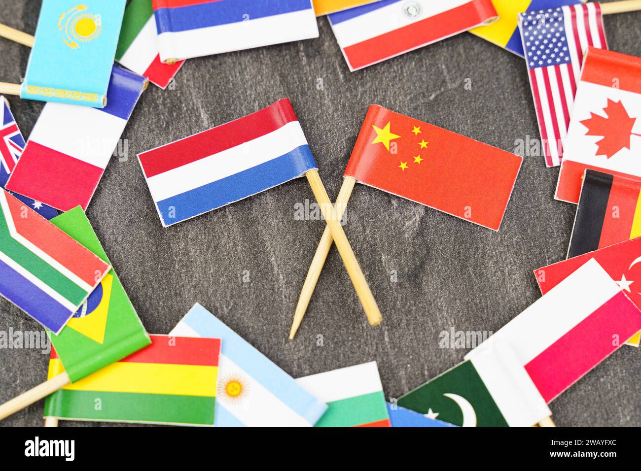 Policy. National flags of different countries. The concept is diplomacy ...