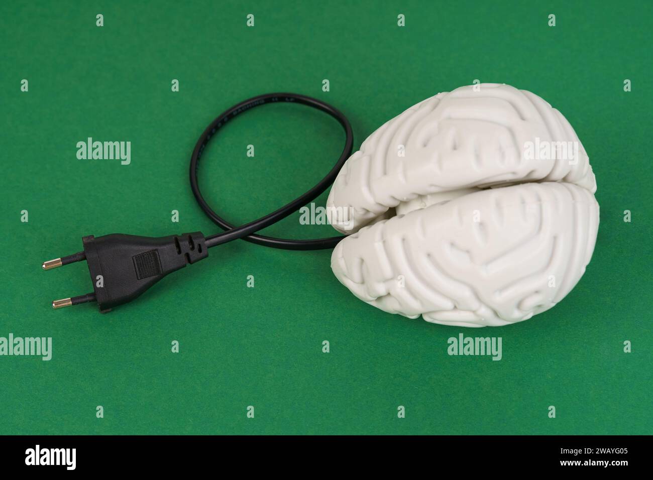 Brain with an electric wire for charging on a green background ...