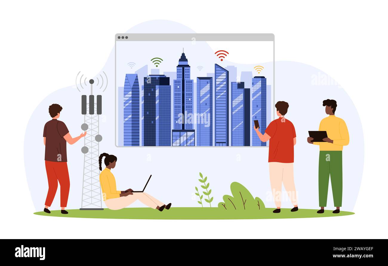 5G and IOT, data technology in smart city. Tiny people use internet ...