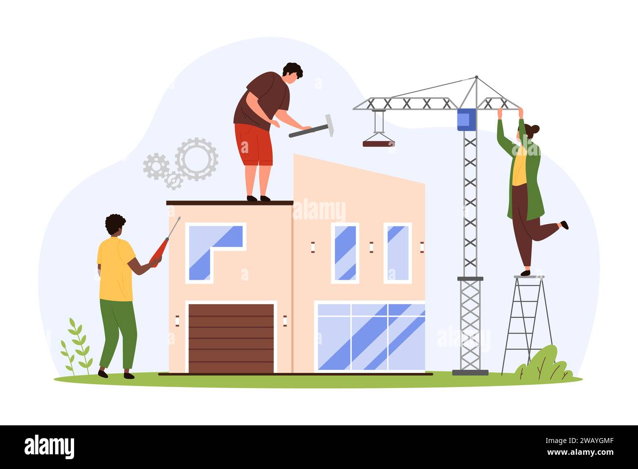 Home construction and renovation. Engineers and workers construct small ...