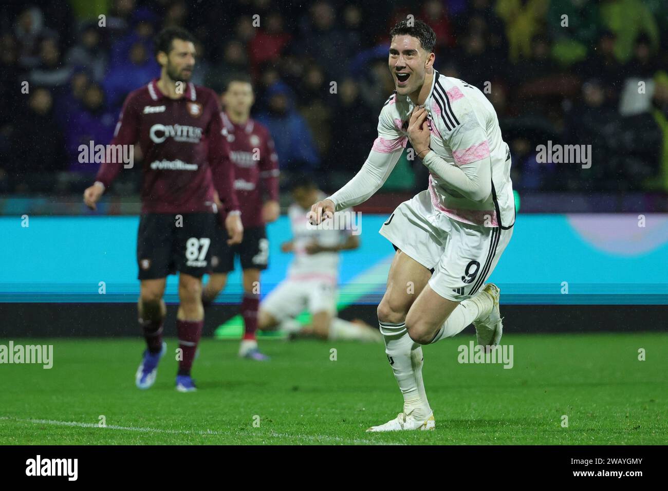 Juventus' Dusan Vlahovic celebrates after scoring his side's second gol ...