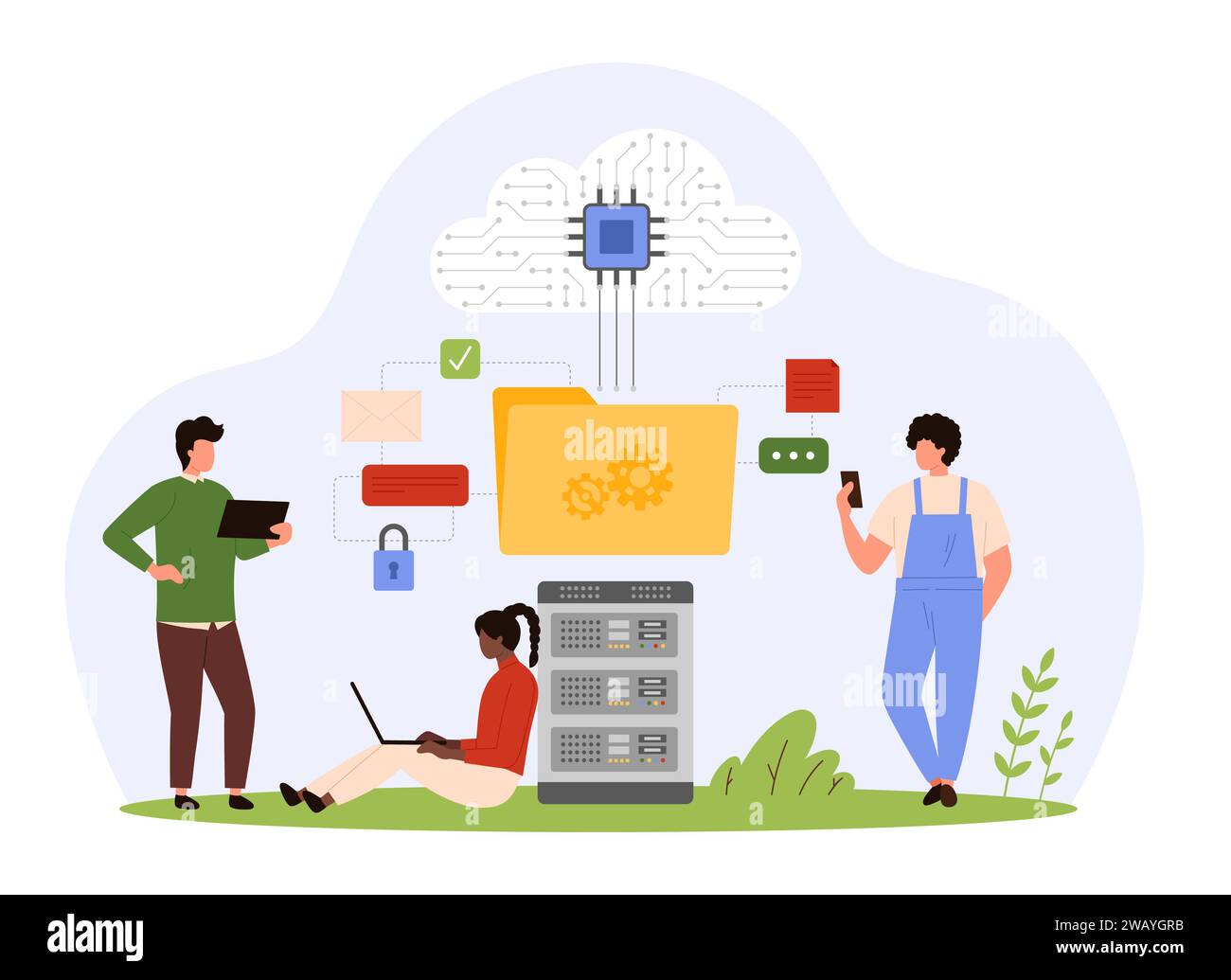 Data system infrastructure with internet network, cloud storage. Tiny people download, transfer ...
