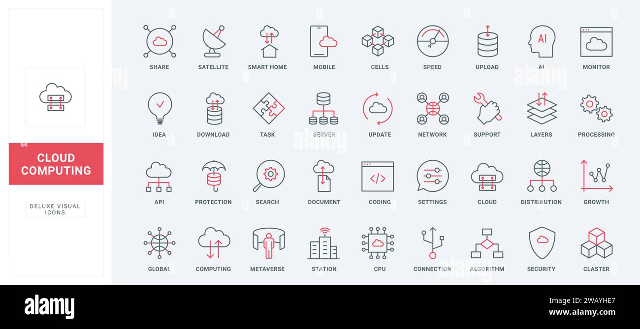 Cloud Computing Line Icons Set Server Services For Security System And Storage Documents