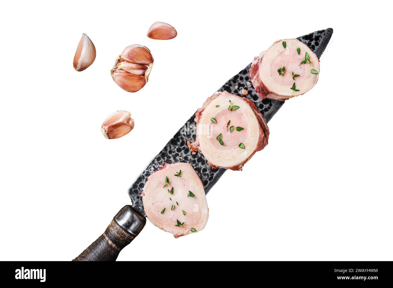Beef Marrow bones, raw meat with herbs. Isolated on white background ...