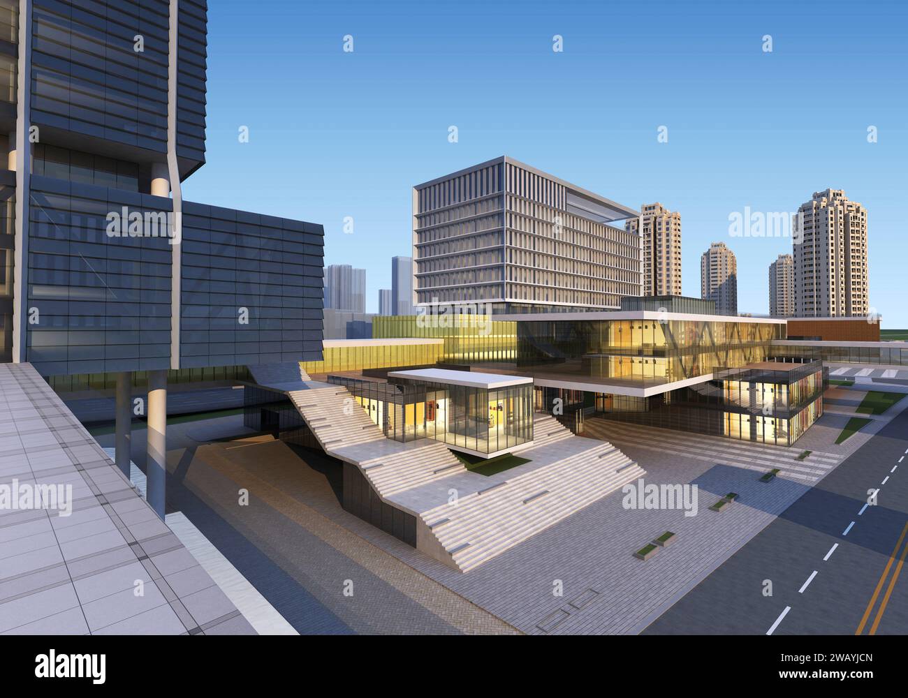 3d render of skyscrapers and shopping mall exterior view Stock Photo ...
