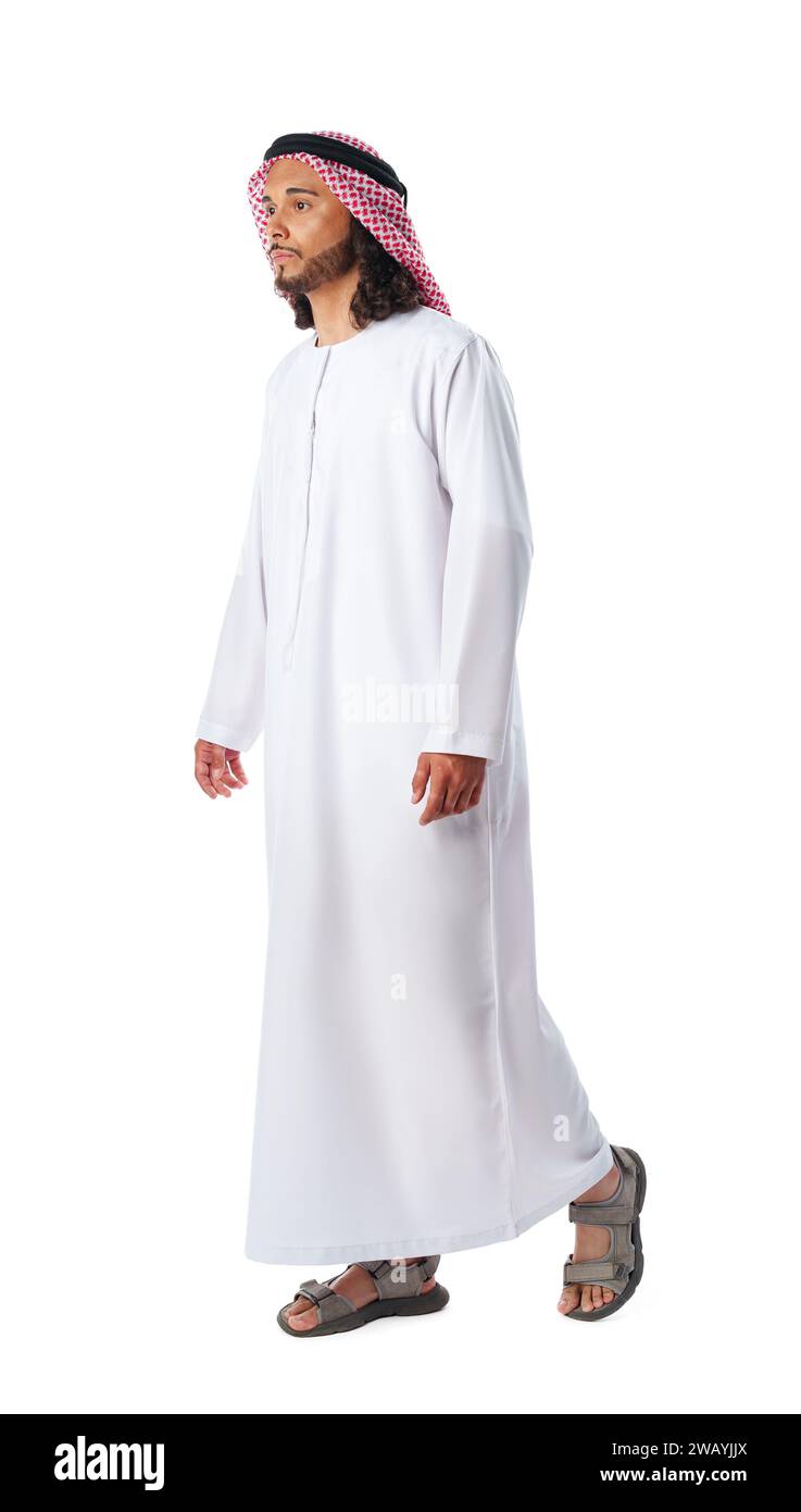 Full-length portrait of young middle-east man in thobe dress on white ...