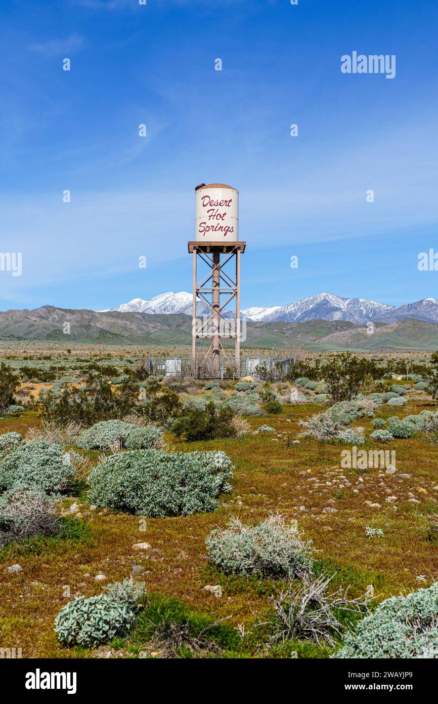 Desert Hot Springs, California water tower centered in frame with snow ...
