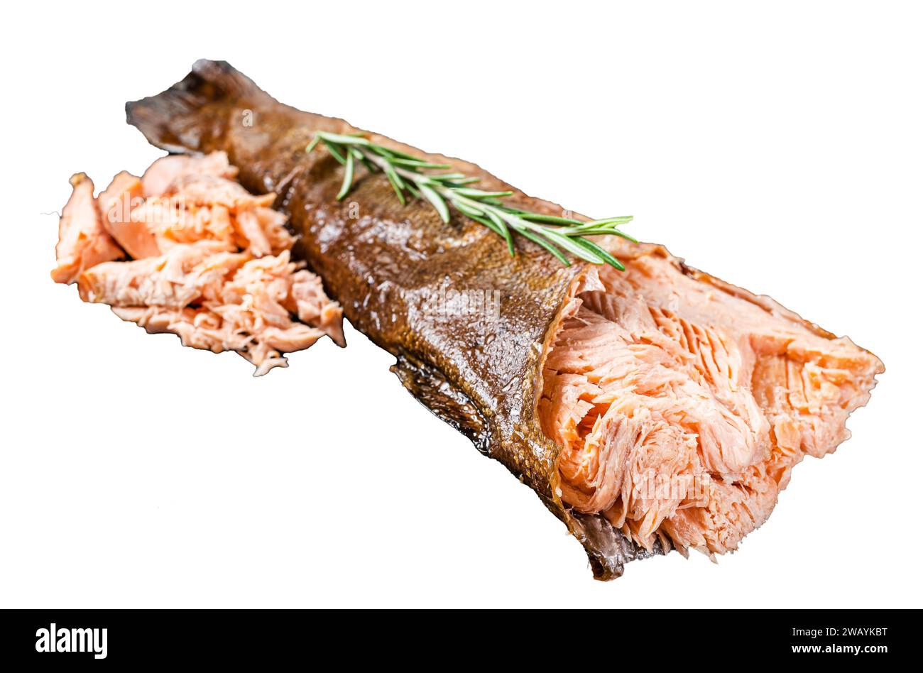 Salmon Hot smoked, trout fish meat. Isolated on white background, top ...