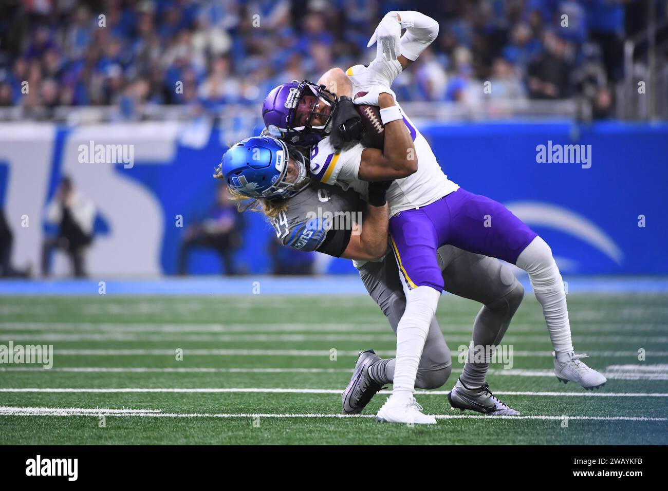 DETROIT, MI - JANUARY 07: Detroit Lions linebacker (34) Alex Anzalone gets an armful of ...