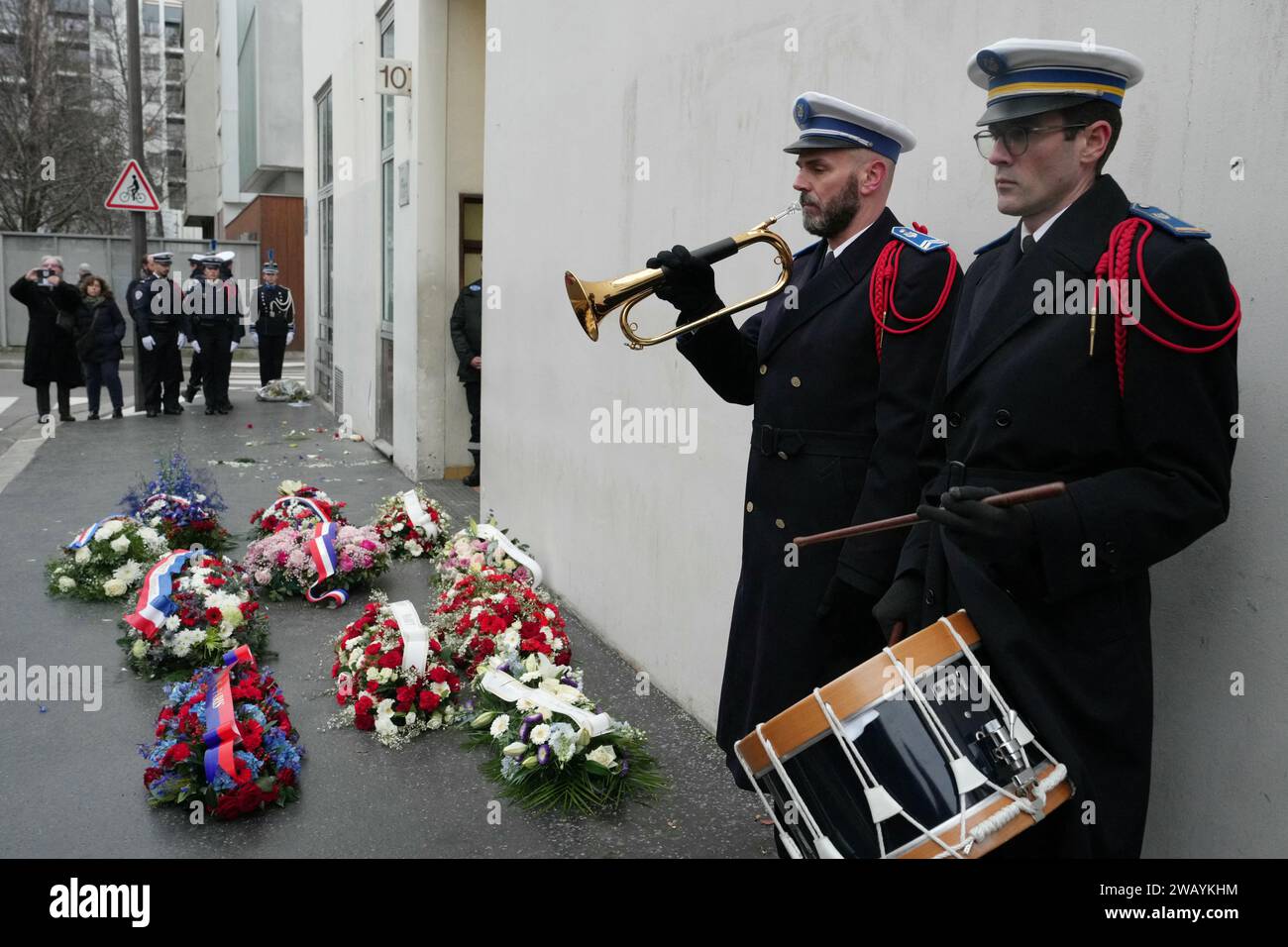 Paris, France. 07th Jan, 2024. Musicians of the police perform next to ...