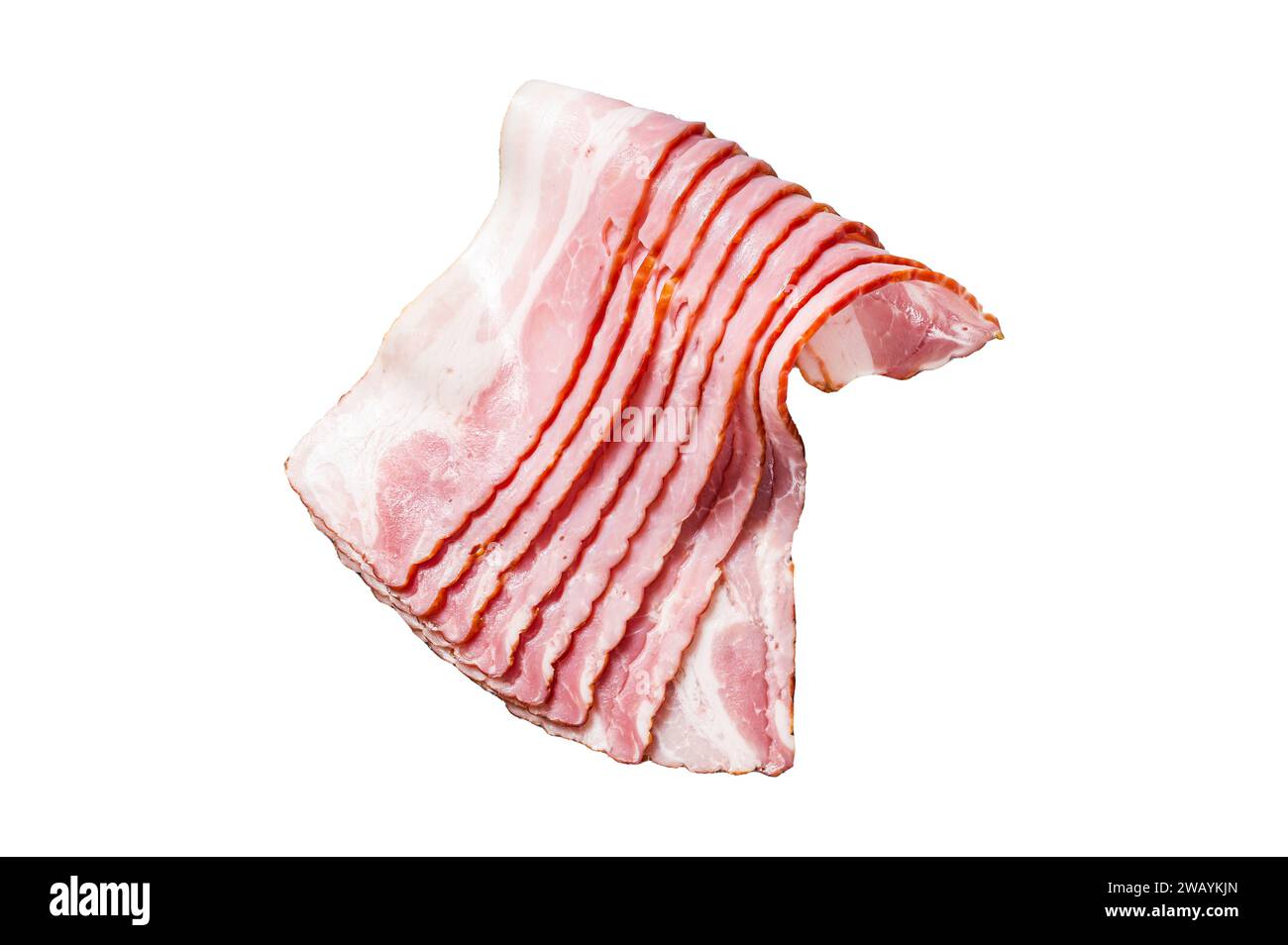 Raw bacon strips of pork meat. Isolated on white background, top view ...