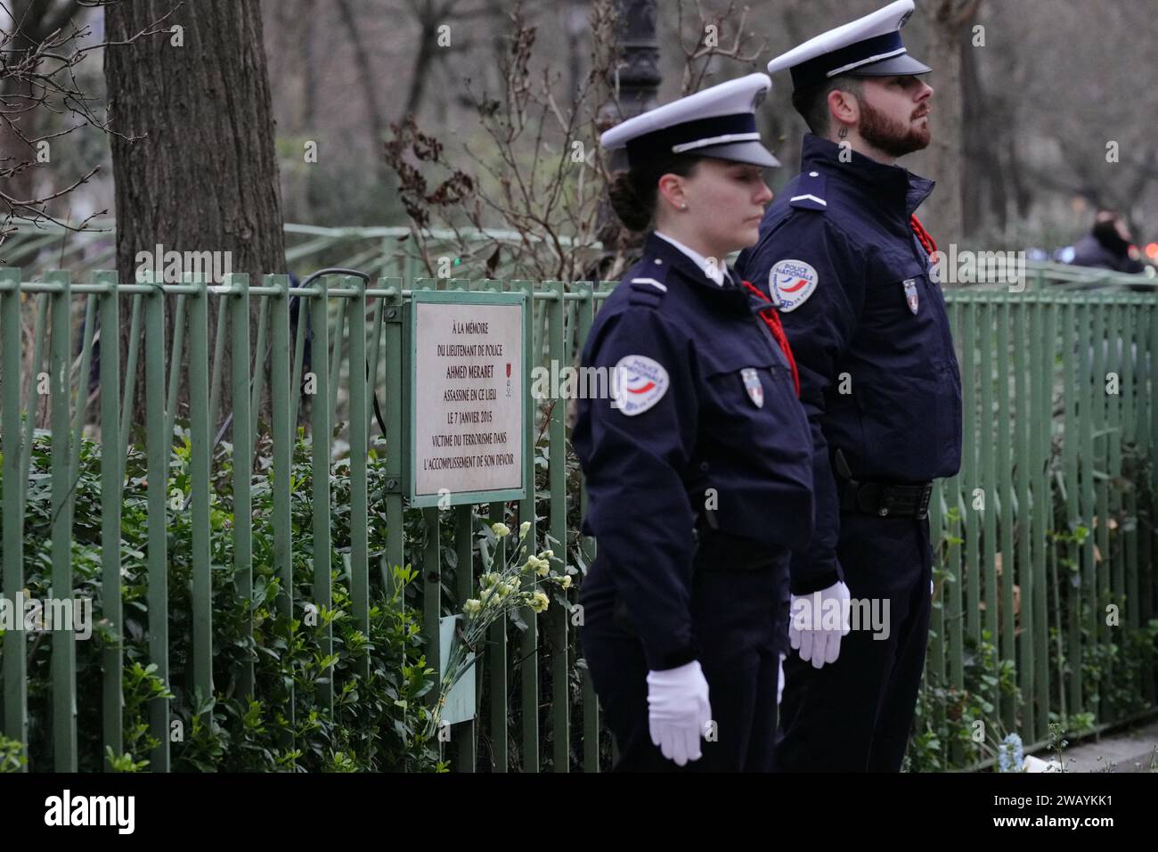 Paris, France. 07th Jan, 2024. A photo shows a plaque in tribute to ...