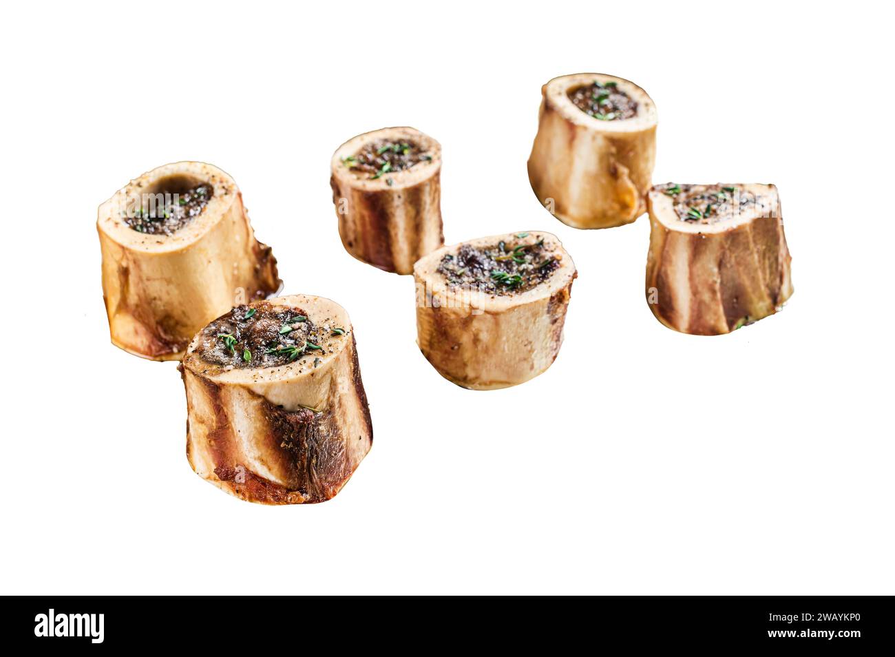 Roasted marrow beef bones Isolated on white background, top view Stock ...