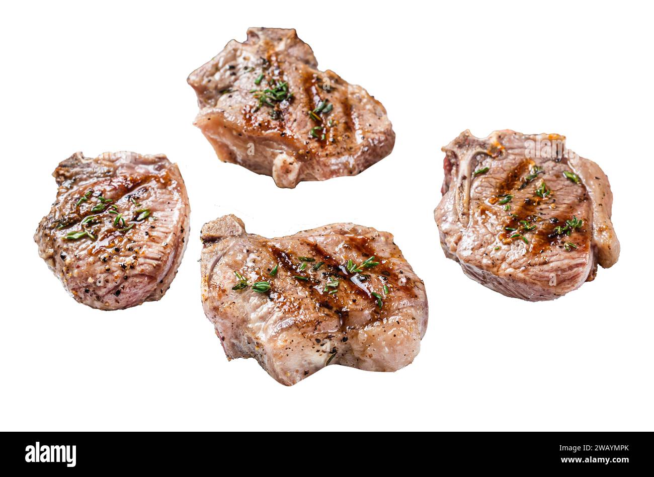 BBQ grilled lamb loin steaks, chops cutlets Isolated on white ...