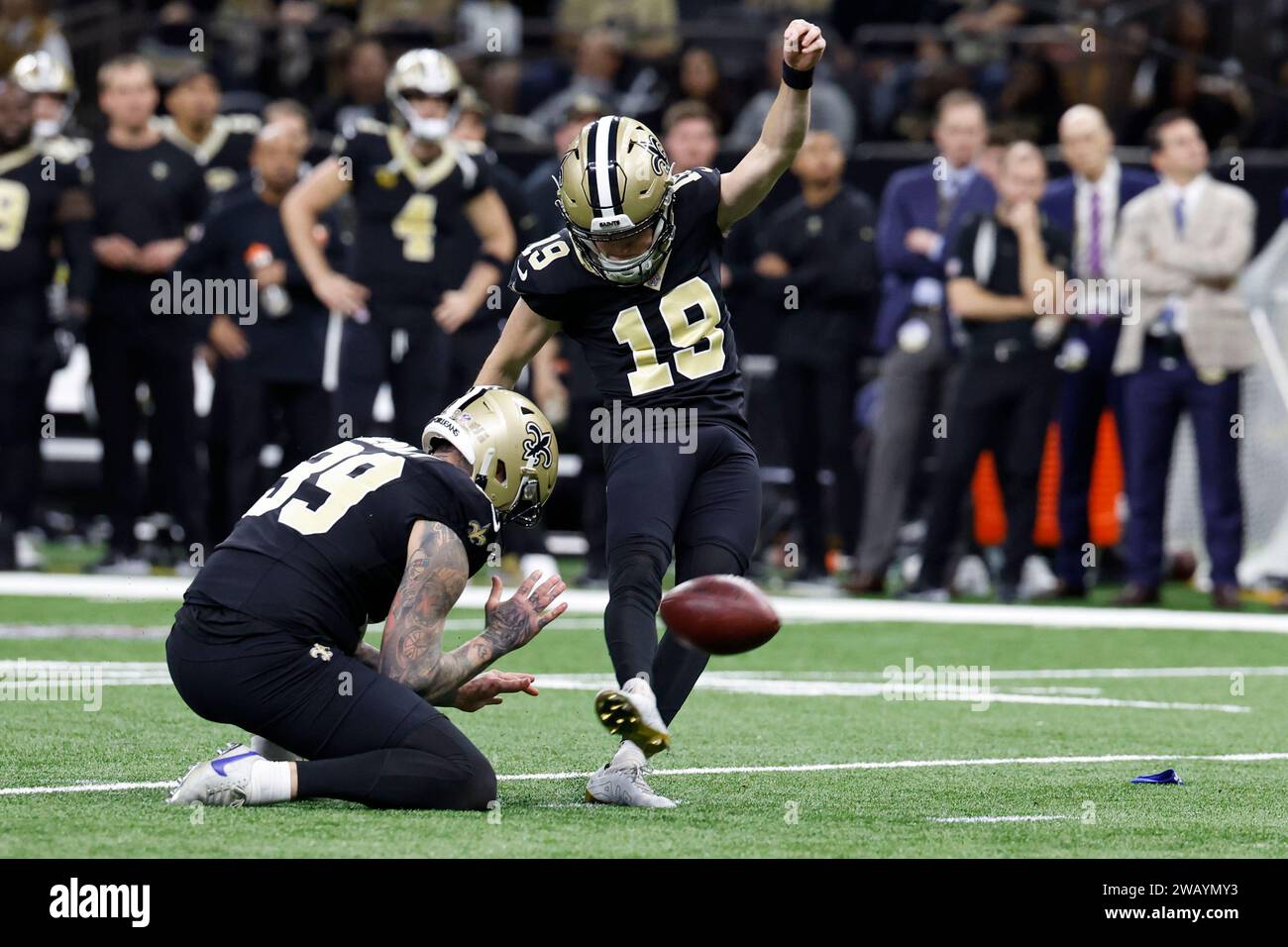 New Orleans Saints place kicker Blake Grupe (19) kicks a field goal in ...