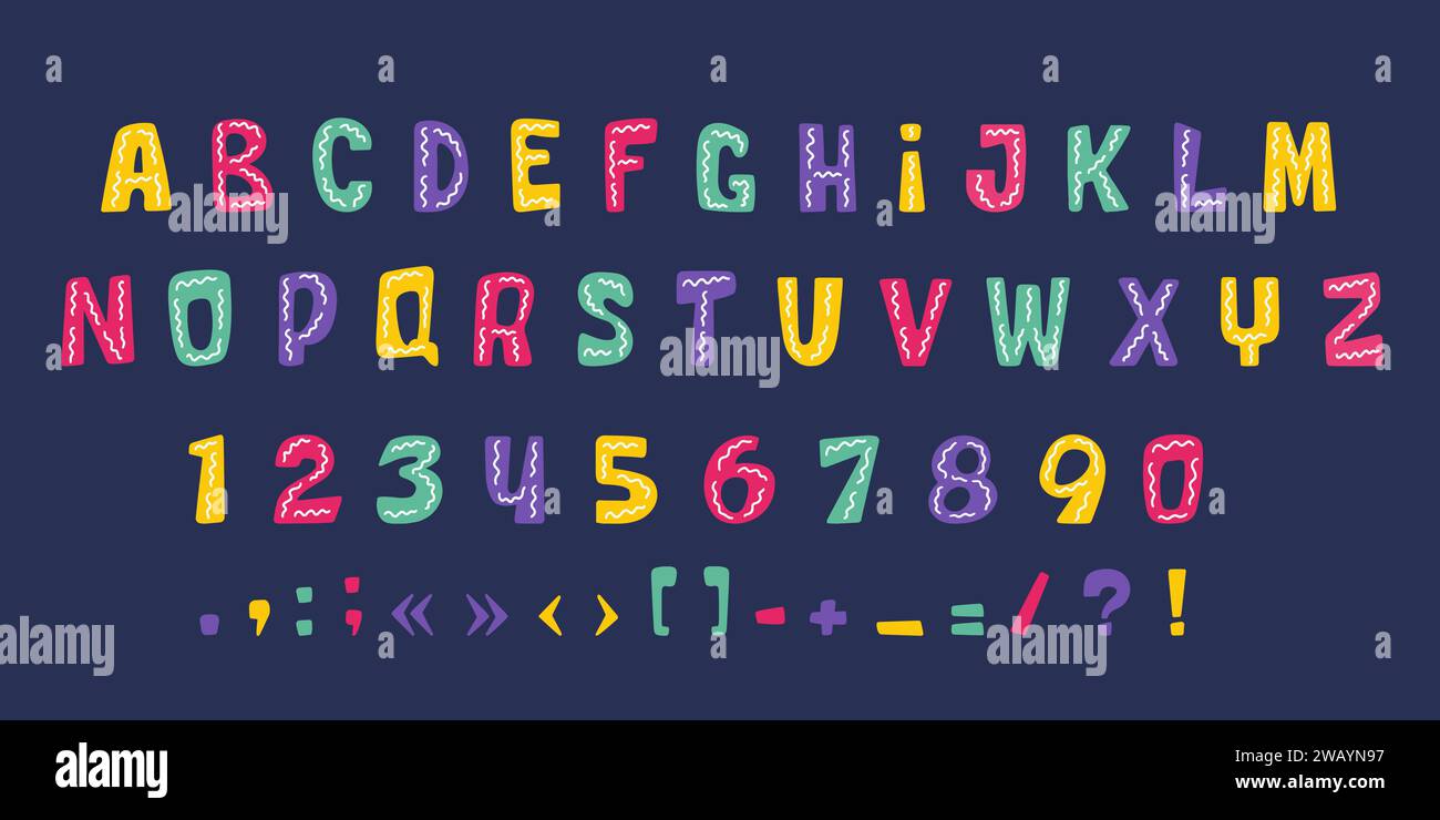 Childish cute tribal style alphabet. Doodle letters, numbers and signs ...
