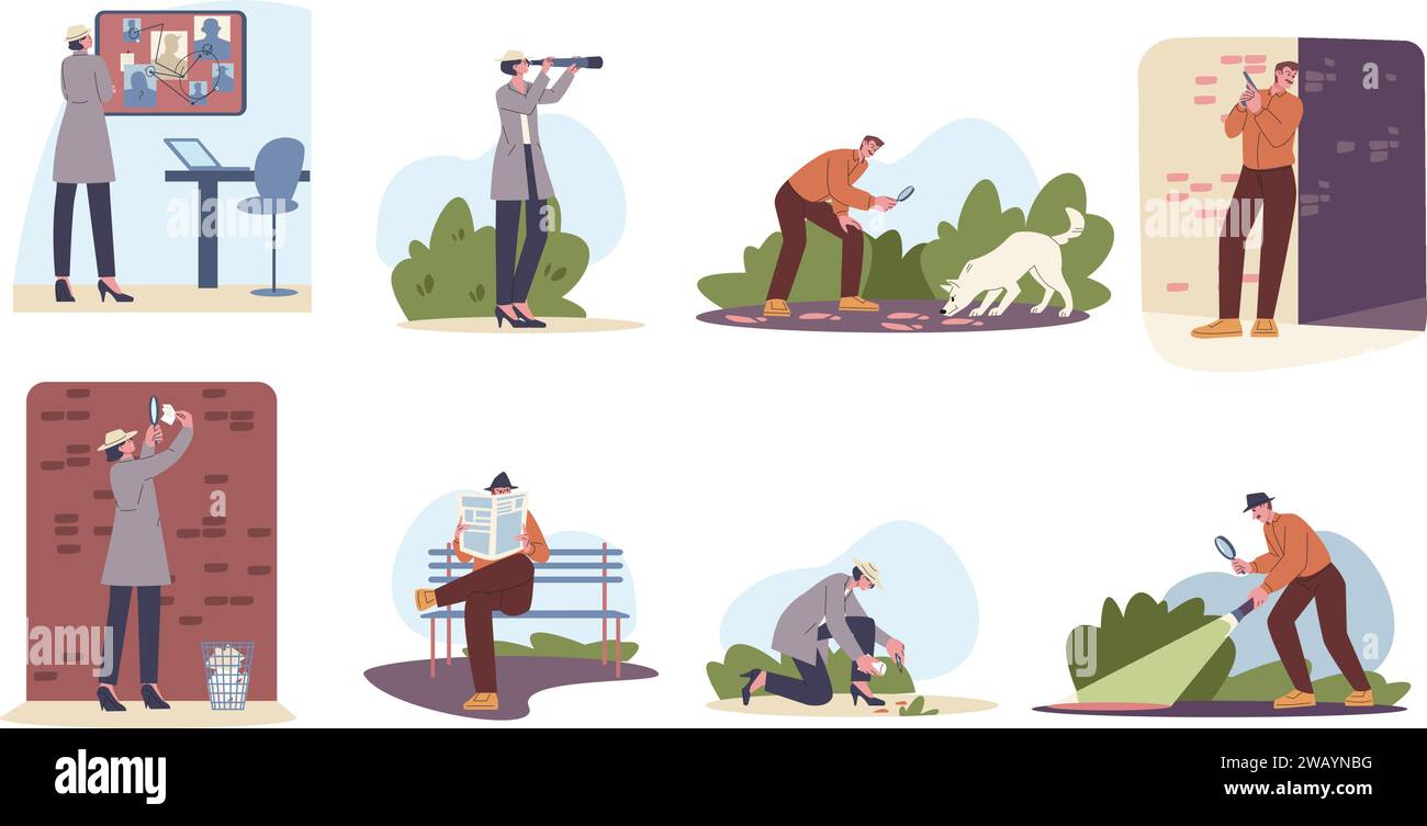 Male female detective characters. Cartoon private detectives scenes ...