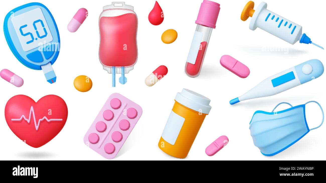 Medicine 3d elements. Pills, test tube with blood, heart and diabetic ...