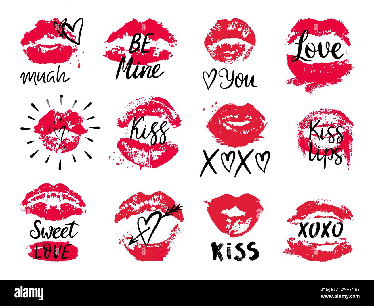 Lips kisses lettering. Love or romantic badges, valentines day female ...
