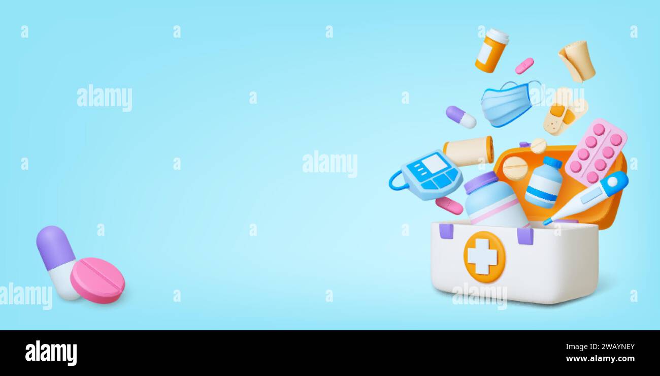 Medical 3d concept. First aid box with different health support ...