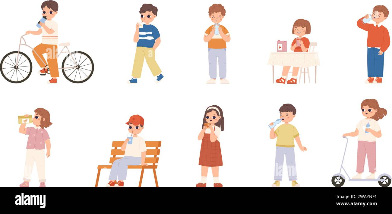 Kids drink beverages. Dinner or lunch time, feel thirsty. Little ...