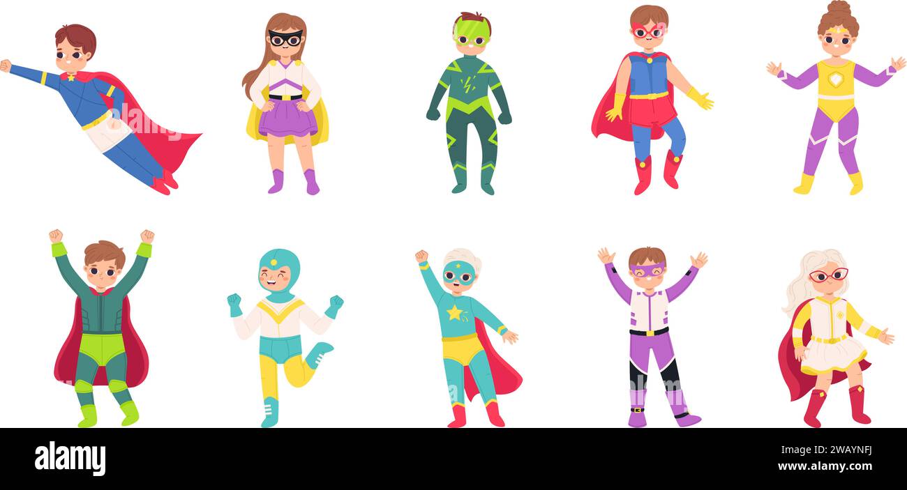 Children wear heroes costumes. Cartoon super girl and boy flying ...