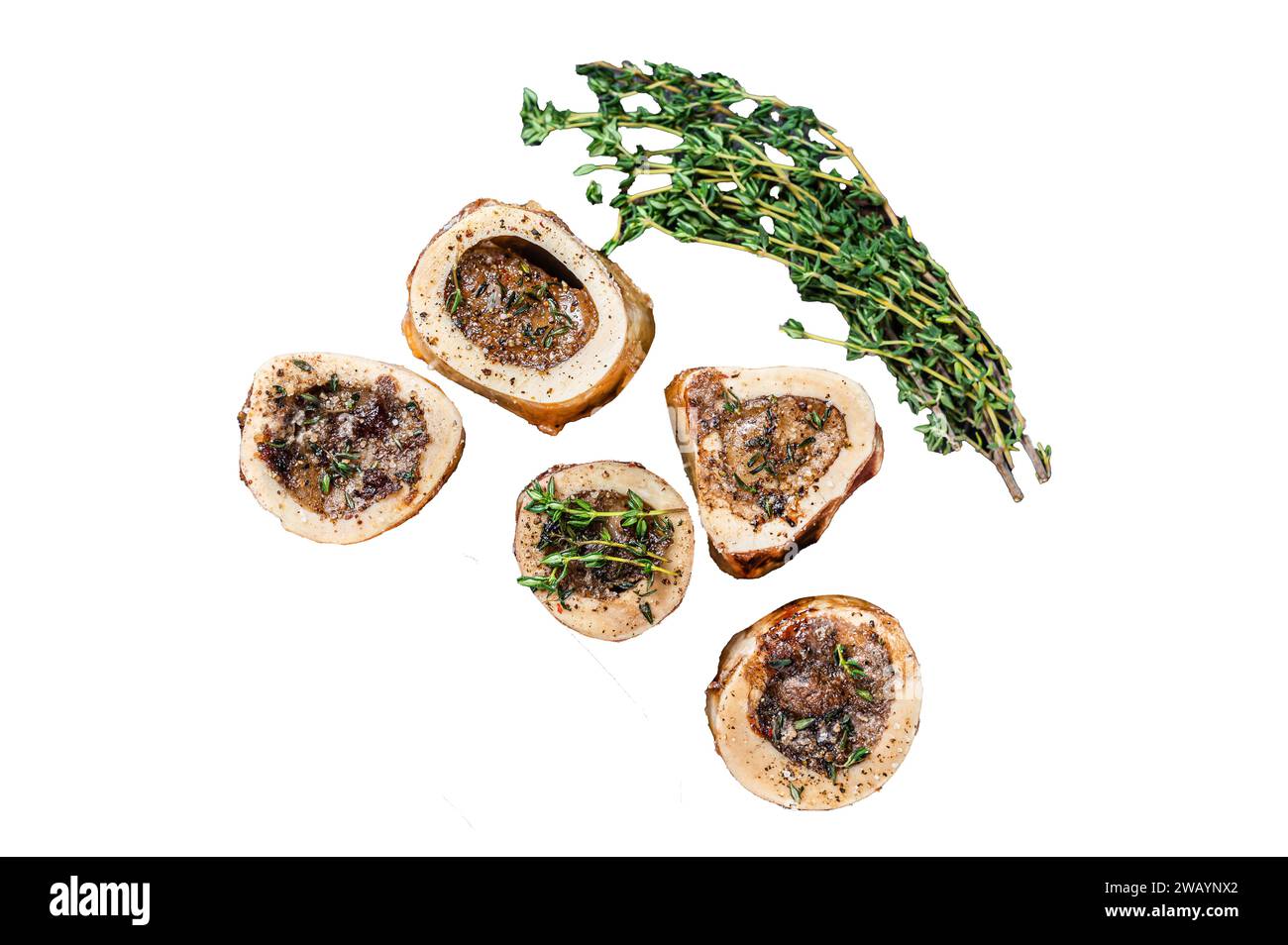 Roast marrow calf bones Isolated on white background, top view Stock ...