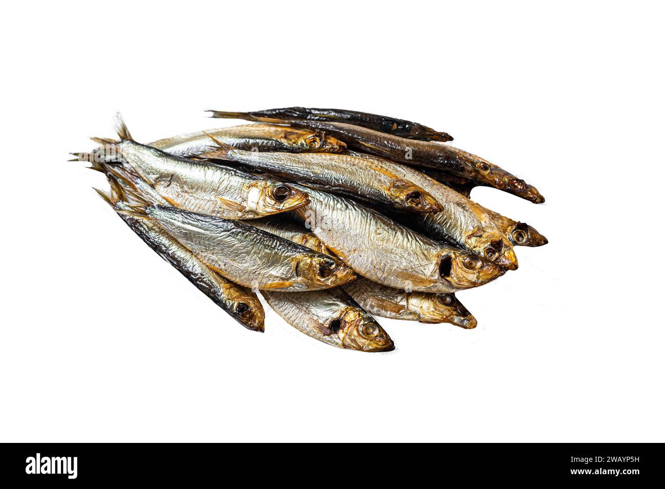 Smoked sprat fishes marinated with spices. Isolated on white background ...