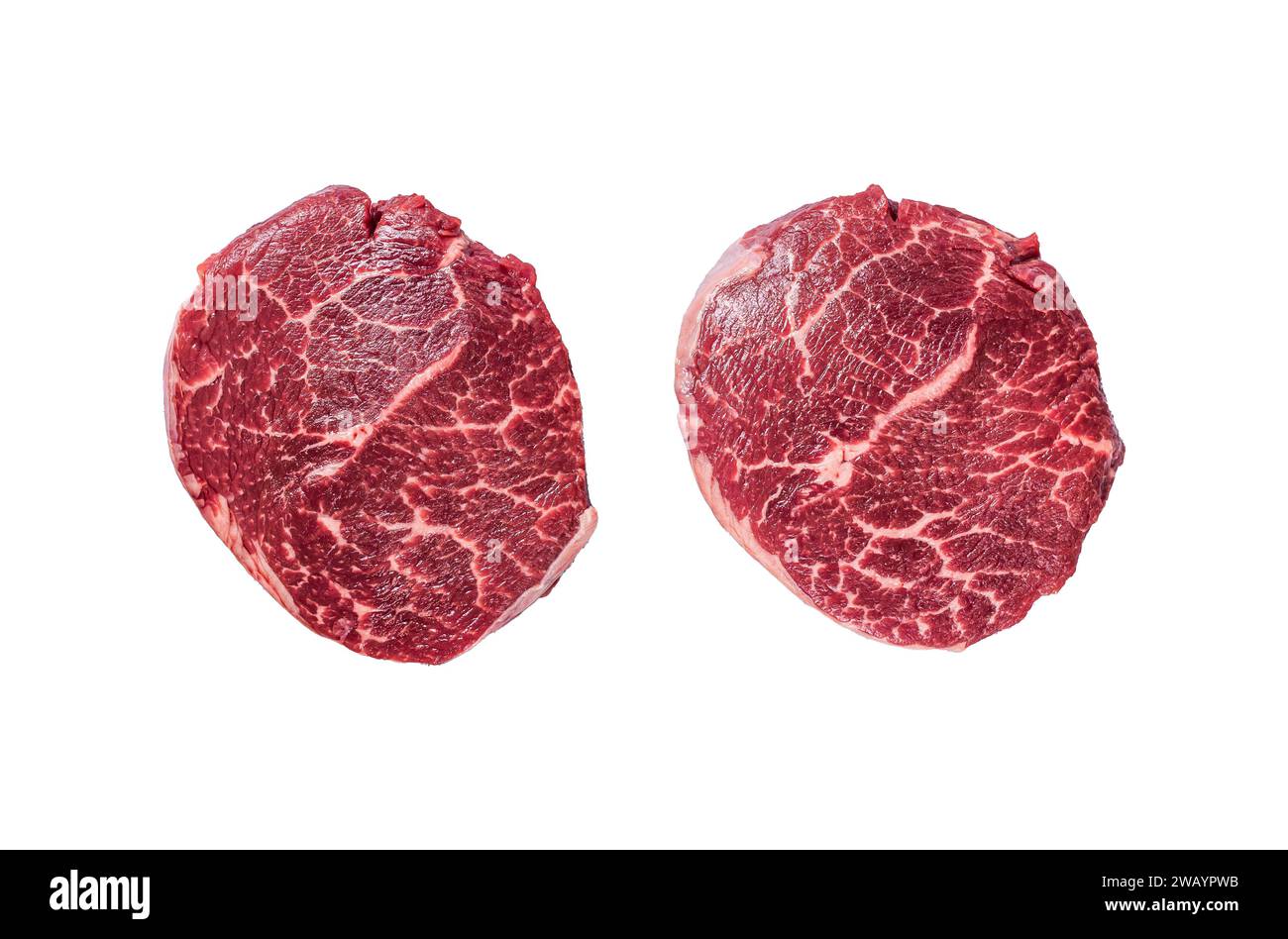 Raw fillet Mignon beef steaks on a butcher board. Isolated on white ...