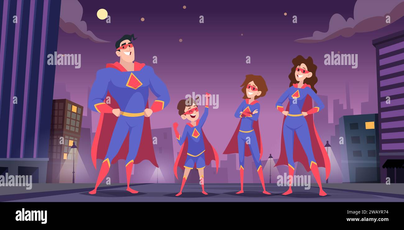Superhero background. Family heroes with big power save the world exact ...