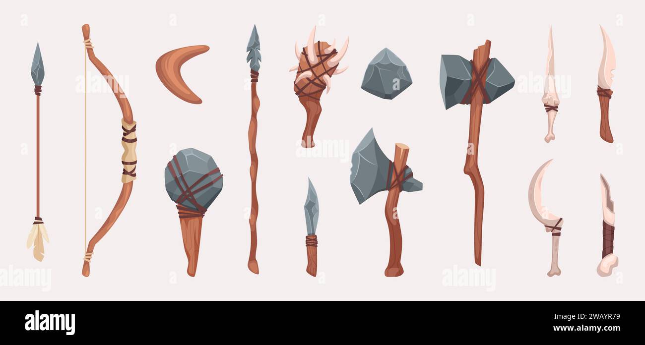 Prehistoric weapon. Ancient tools for primitive people exact vector ...