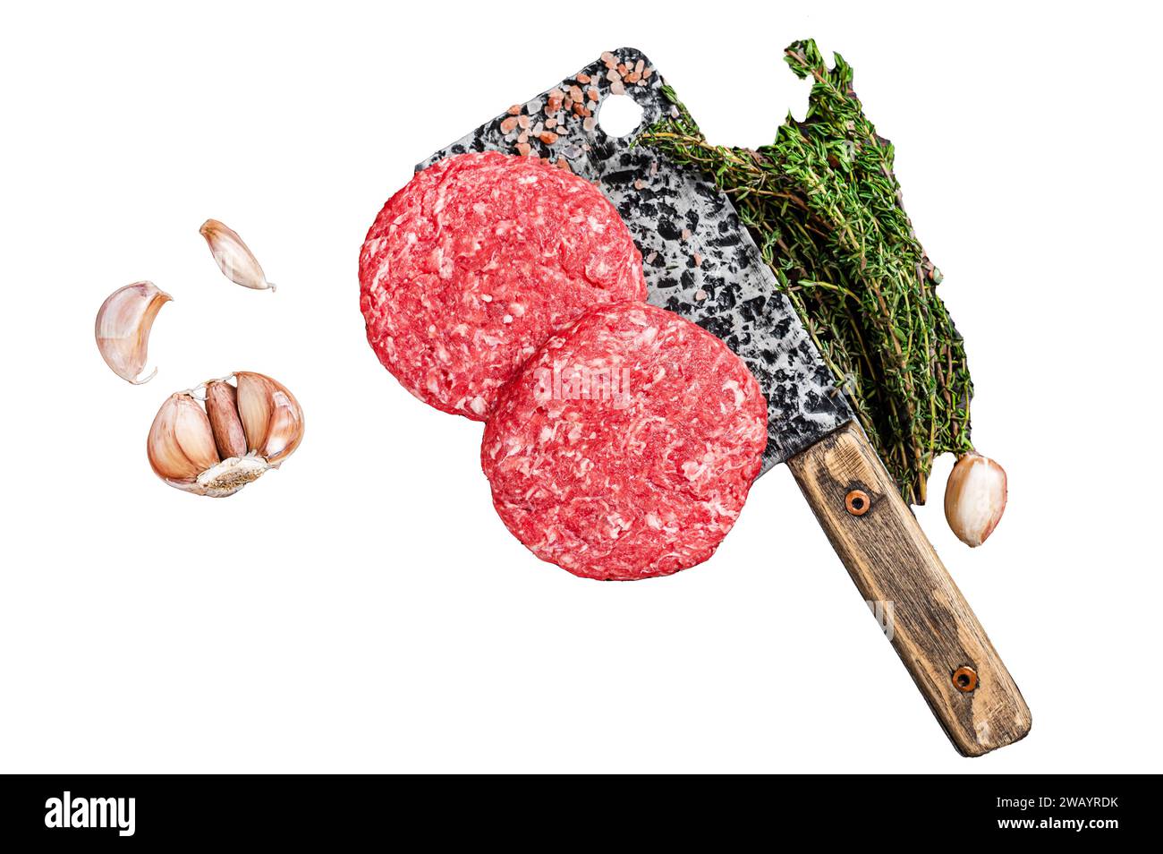 Raw steak cutlets with mince beef meat on a butcher cleaver. Isolated ...