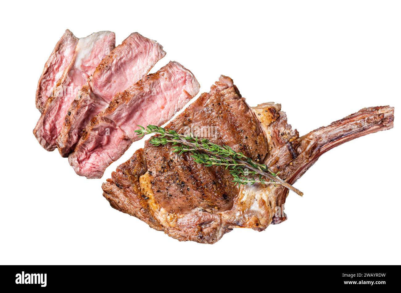 Grilled Tomahawk Beef Steak, Rib eye with thyme. Isolated on white ...