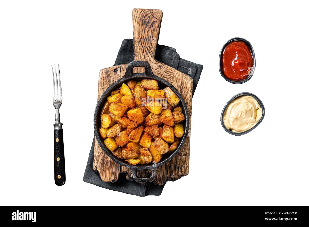 Patatas bravas, spicy potatoes, a Spanish dish with fried potato and a ...