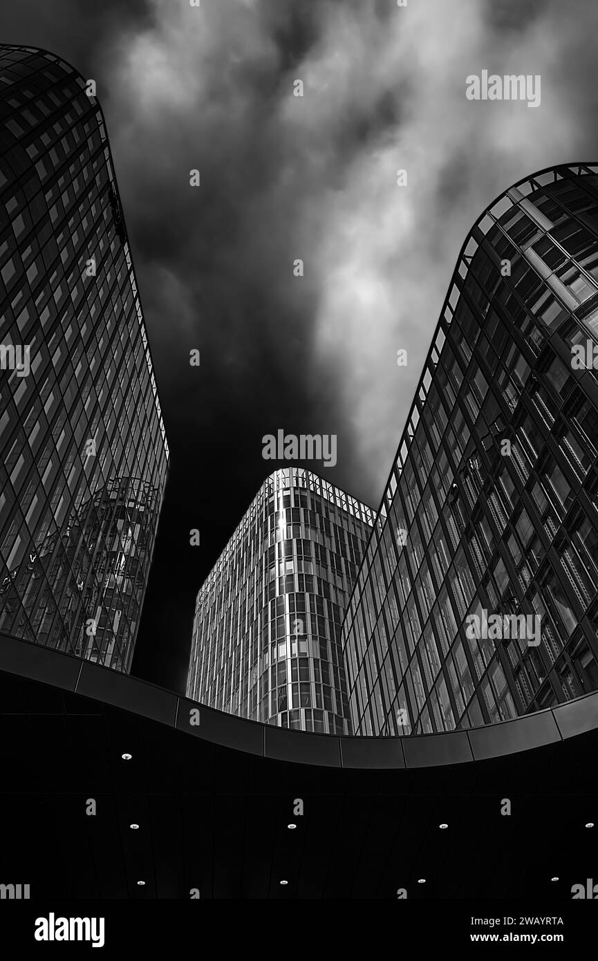Modern buildings in black and white, under the cloudy sky, fine art ...
