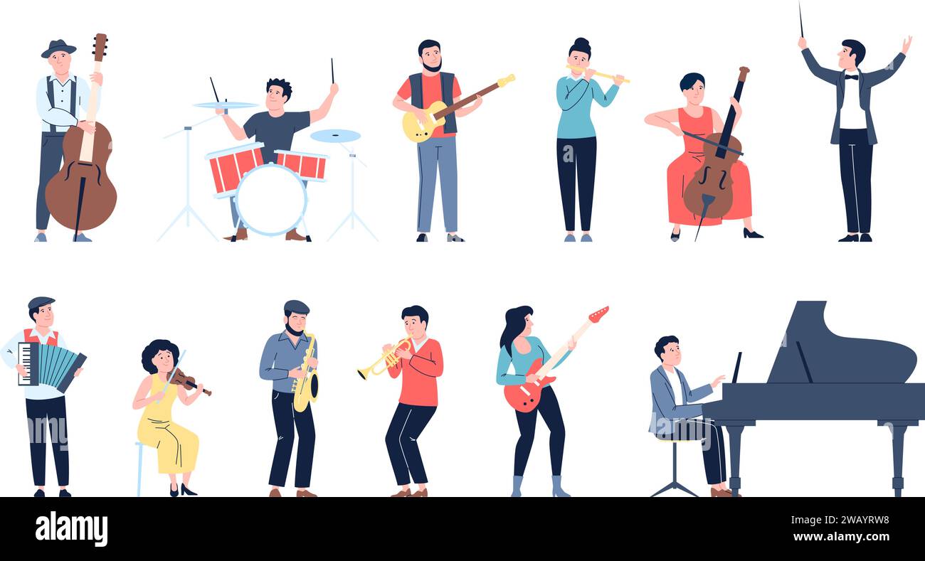 Musicians characters. Musician play at guitar, piano and violin ...