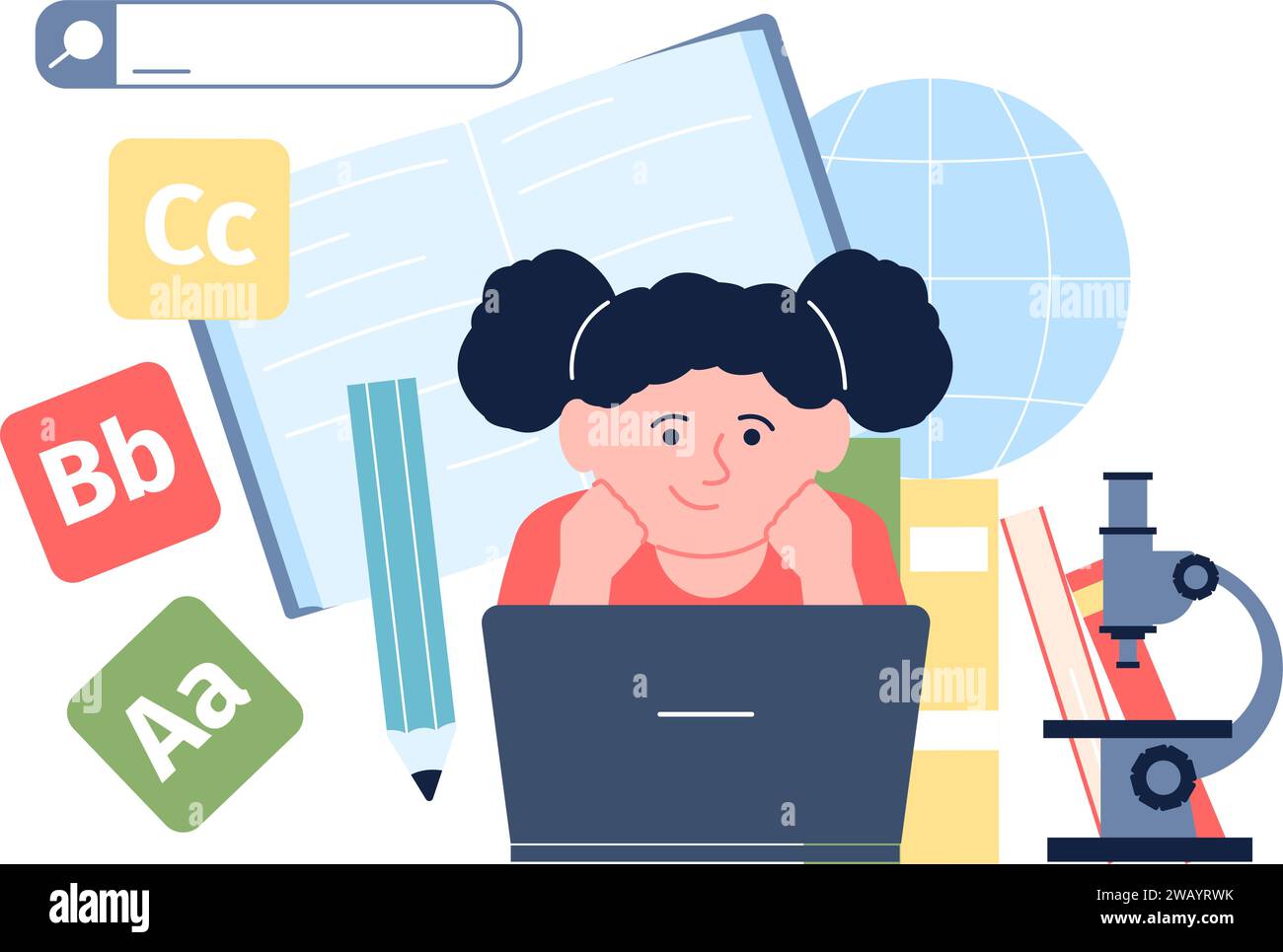 Children digital content. Little girl studies in internet. Safe online ...