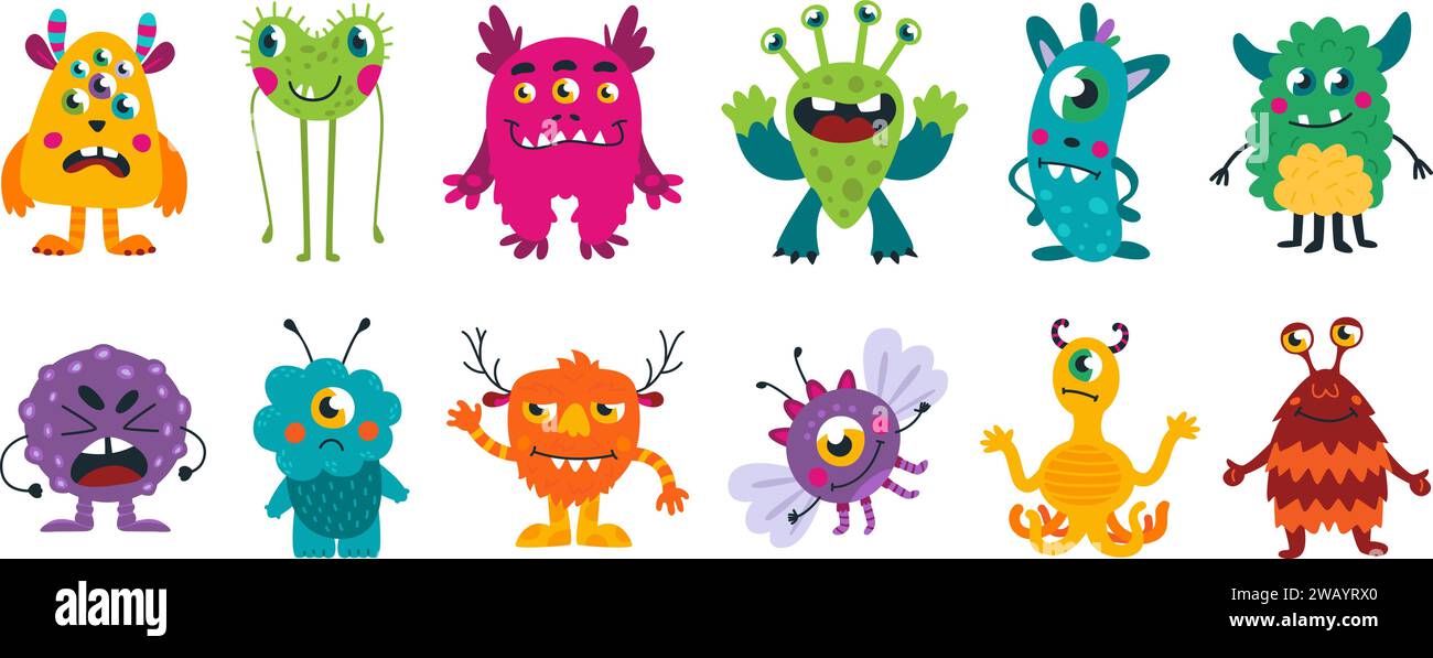Cartoon monster characters. Cute isolated monster with different ...