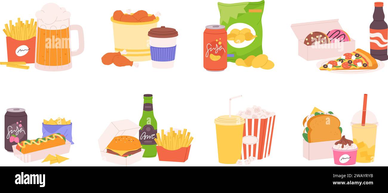 Football fan food. Fast meals, burgers and french fries, popcorn, pizza ...