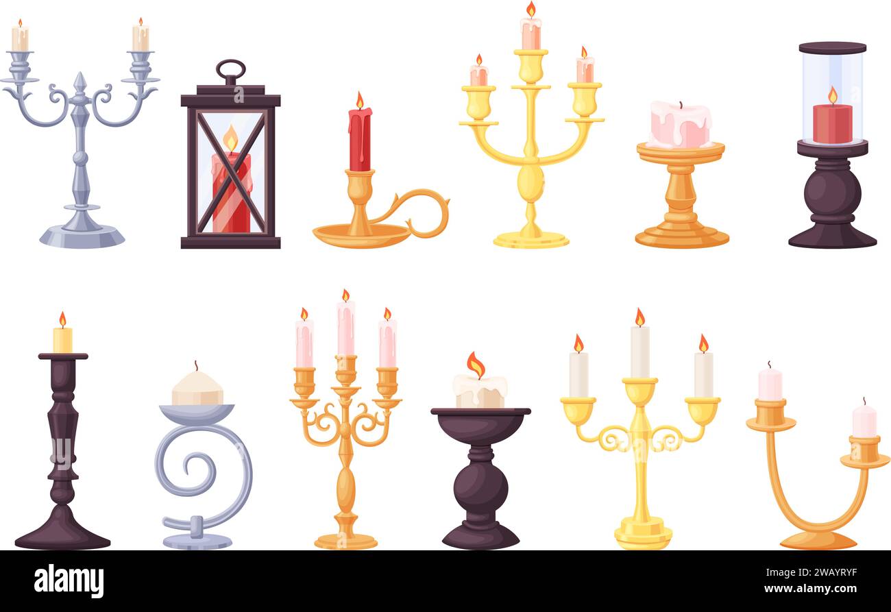 Candles and candlesticks. Vintage candlestick, lantern with burning candle. Old style decorative ...