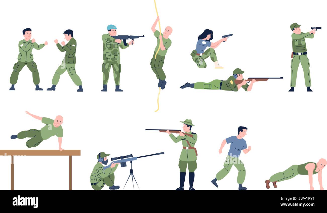 Military training characters. Soldiers shooting, running and doing ...