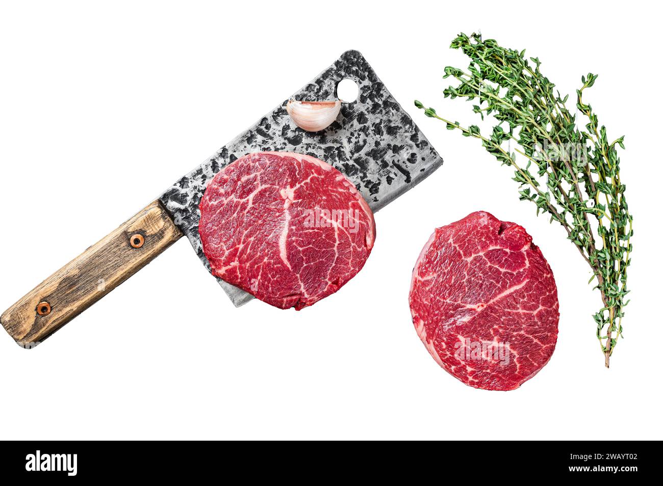 Grill BBQ - Raw Fillet Mignon beef steaks with herbs. Isolated on white ...