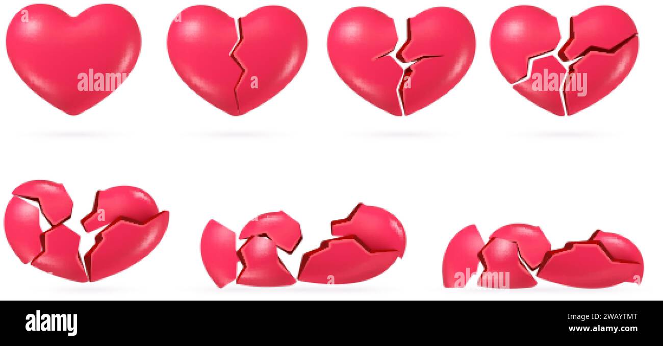3d cracked hearts. Beautiful whole heart broken on crack pieces, pain ...