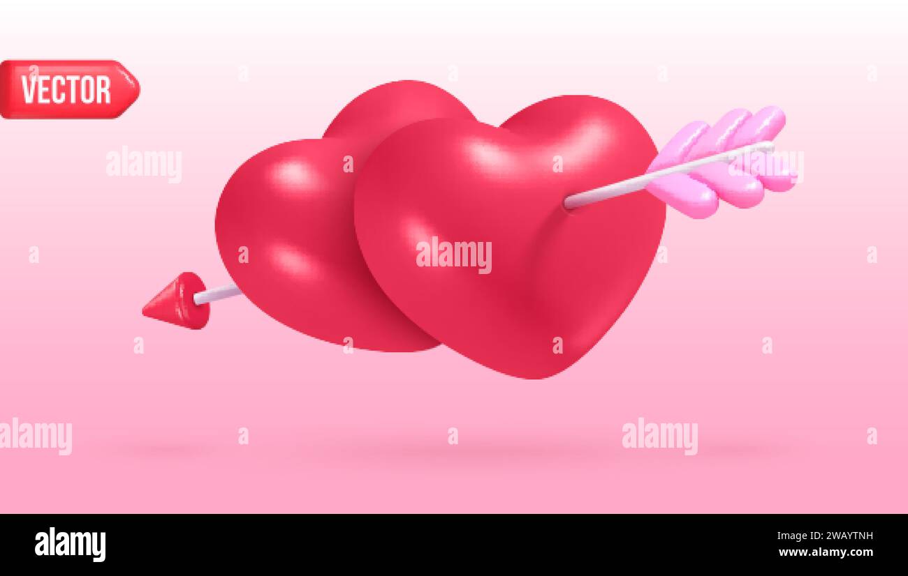 3d hearts arrow. Heart piercing cupid arrows, loving couple ...