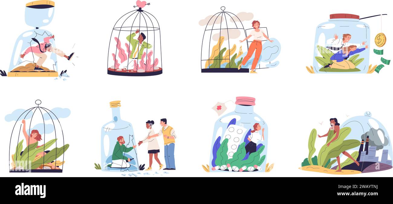 People in cage. Alone sad girl stuck birdcage, personal prison escape ...