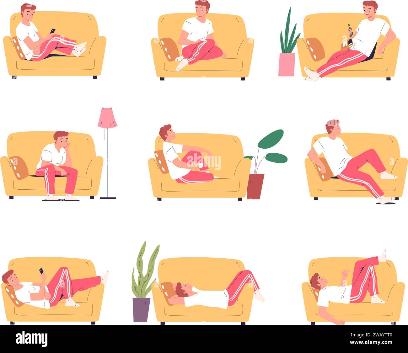 Lazy man on sofa. Sedentary person nap comfort couch, lying or sitting ...