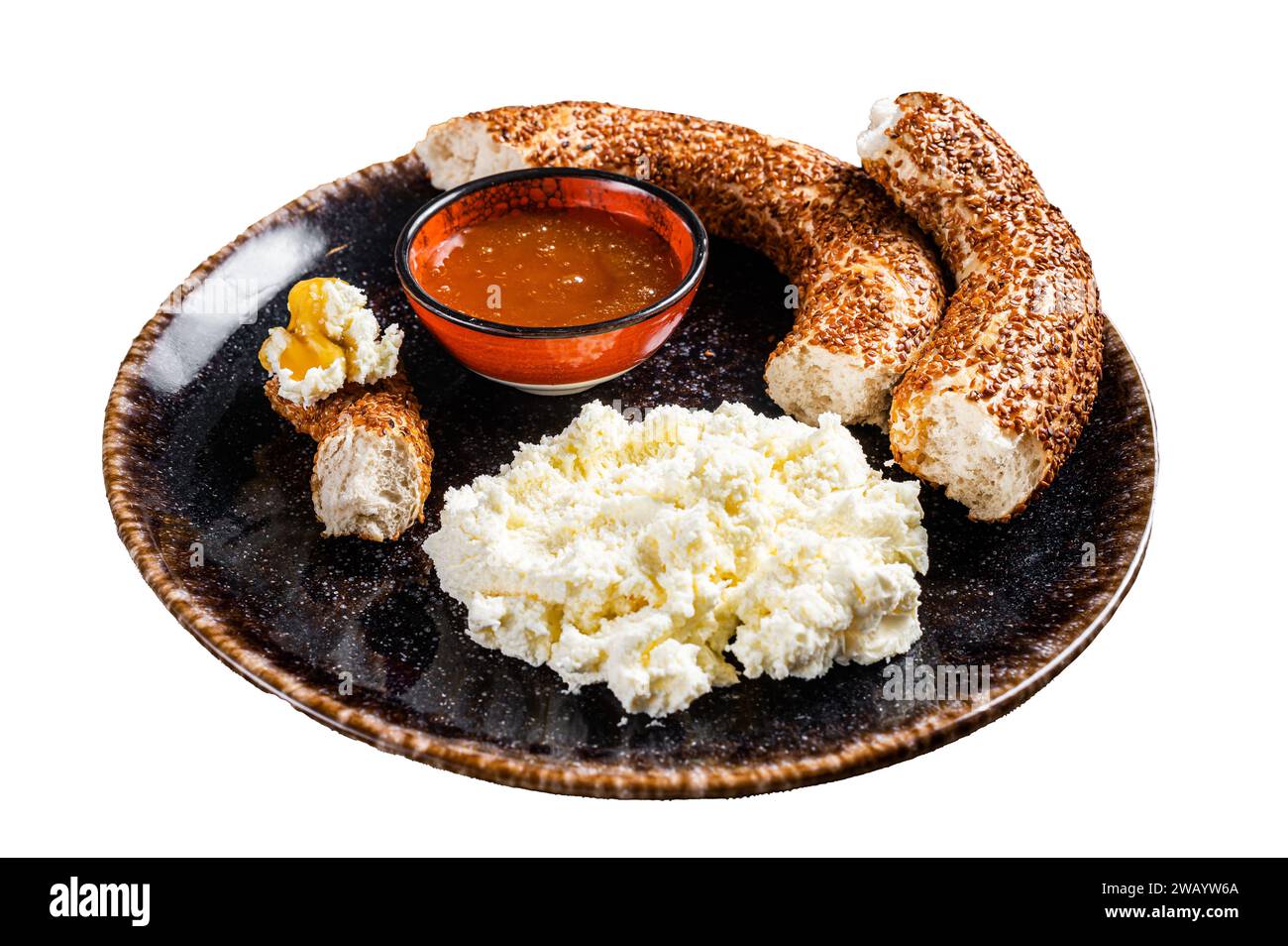 Tradirional Turkish breakfast - kaymak clotted cream, bagel simit and ...