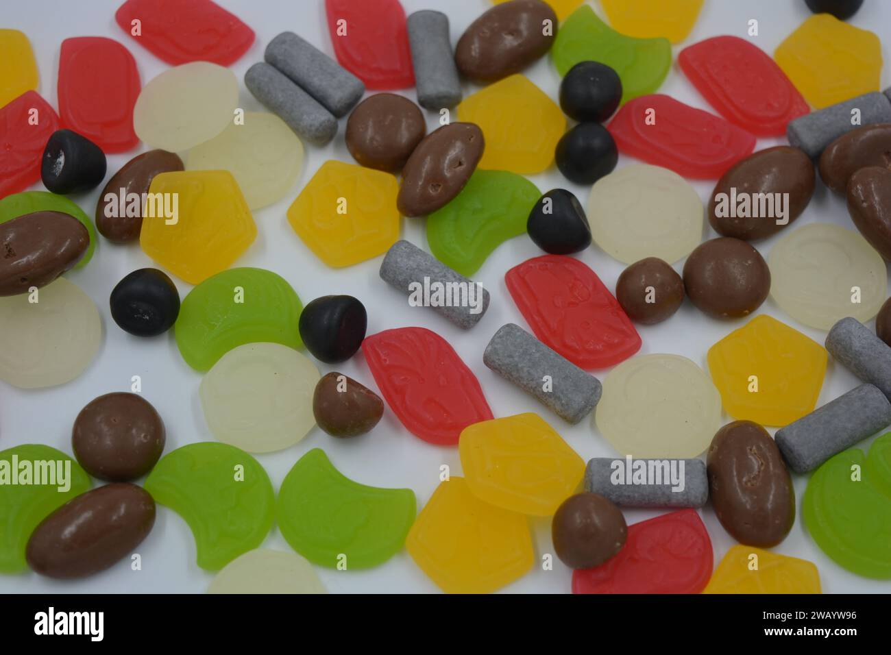 Mix, assorted of unusual branded factory gummy candies in the form of ...