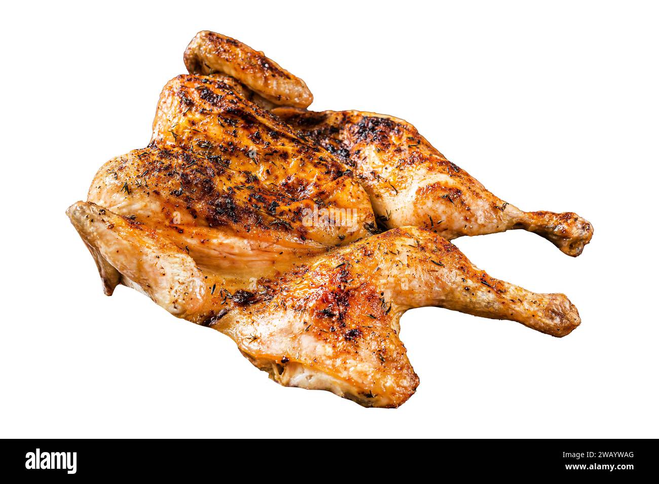 Whole roasted Chicken rotisserie with herbs. Isolated on white ...