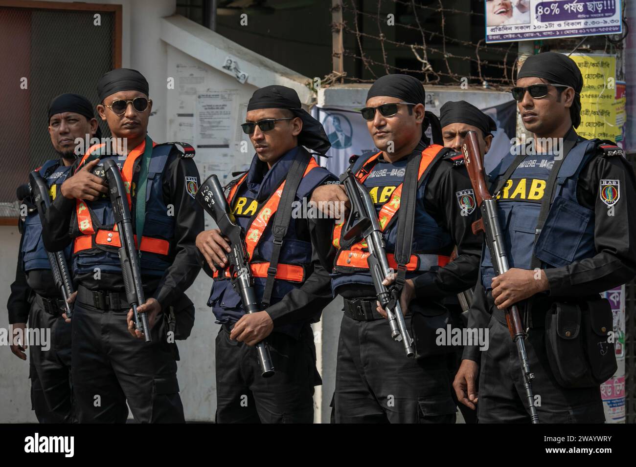 Dhaka, Bangladesh. 07th Jan, 2024. Rapid Action Battalion or RAB stand ...
